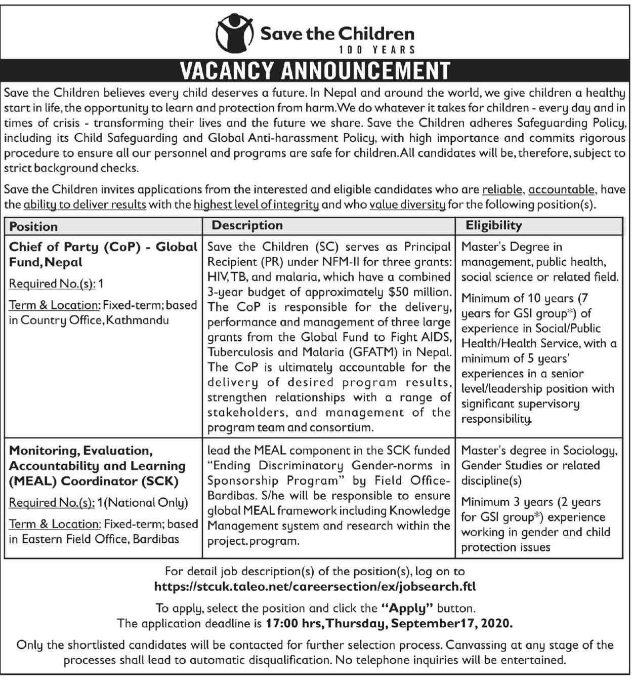 JOB Vacancy Notice by various organizations company NGO INGO - SchoolNp