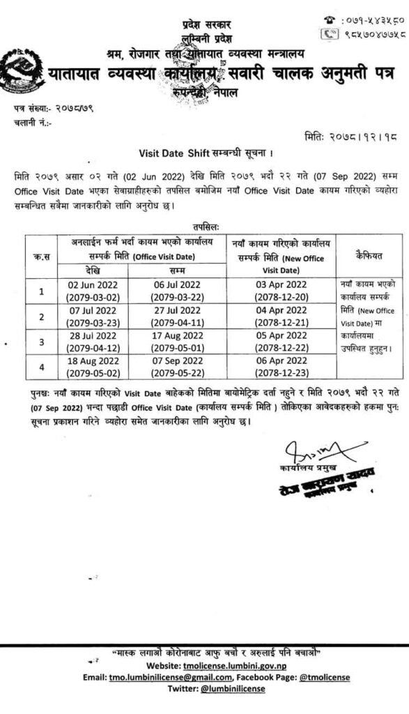Visit Date Shift DOTM Driving License Office Visit Date Timetable ...